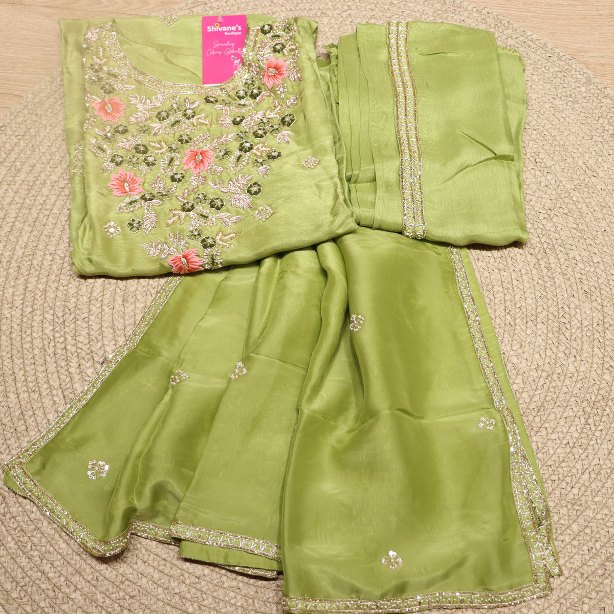 Apple Green Color Neck Thread Embroidery Top Material And Pant Materia ...