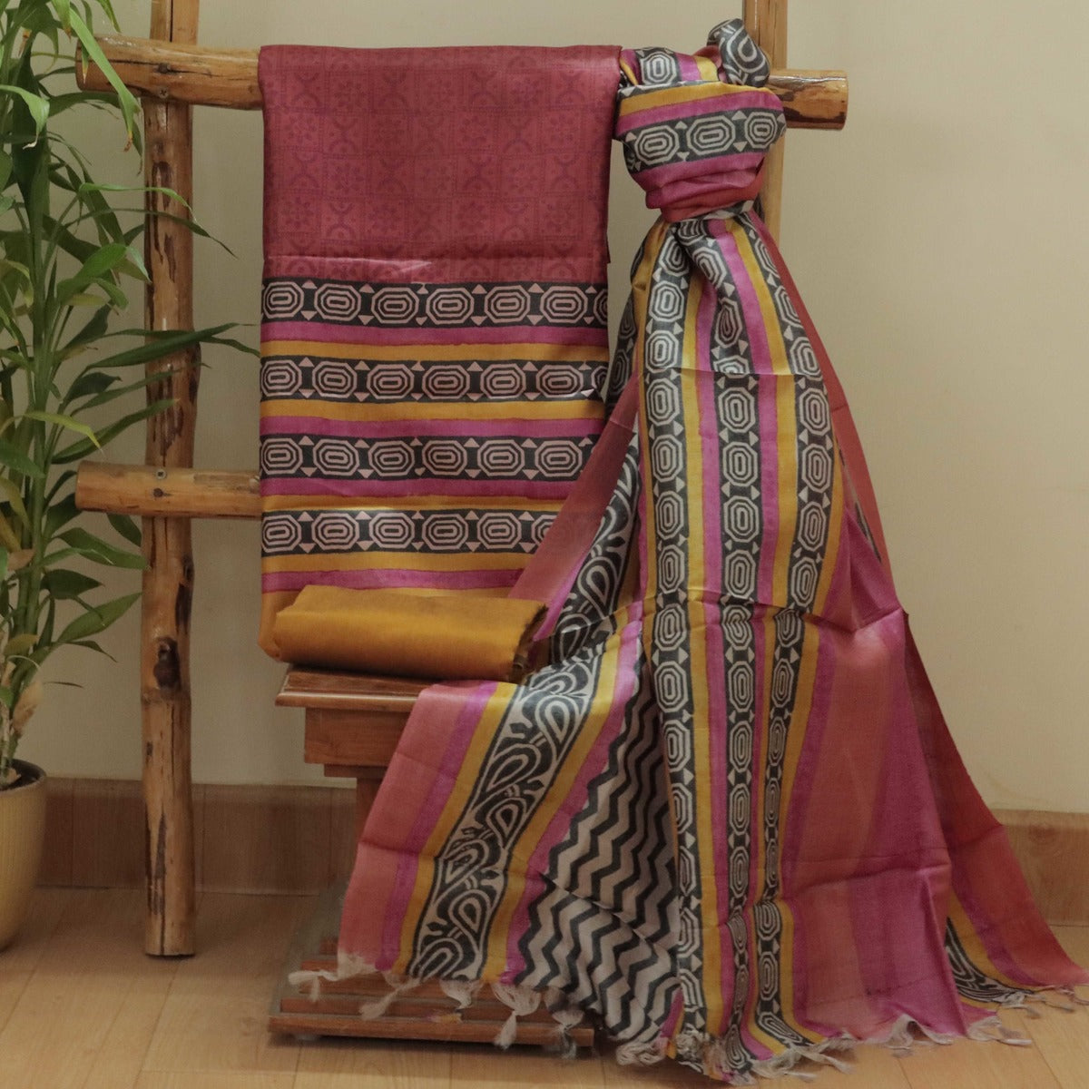 Onion Pink Color With Tussar Top Material And Different Yellow Pant Ma ...